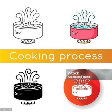 끓는 아이콘 리니어 블랙 및 Rgb 색상 스타일 음식 준비 방법 요리 기술 끓는 밀렵 요리 냄비 오븐 화재 절연 벡터 그림에 물을 팬 개념에 대한 스톡 벡터 아트 및 기타