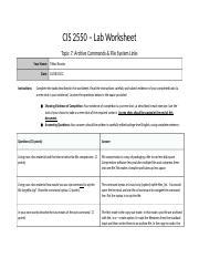 CIS 2550 Topic7 Lab 2 Docx CIS 2550 Lab Worksheet Topic 7 Archive Commands File System