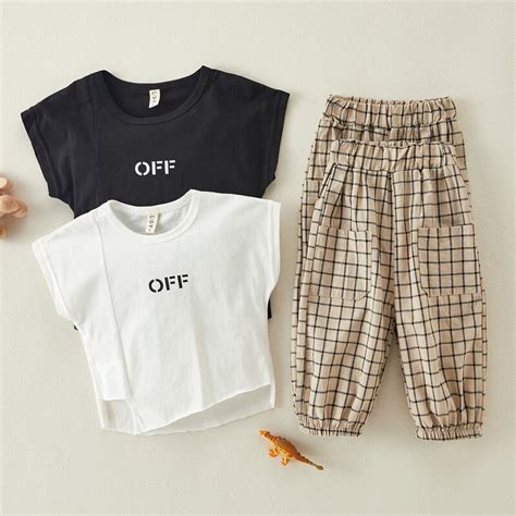 어린이 의류 세트 유아 아기 소년 소녀 패턴 캐주얼 탑스 어린이 느슨한 격자 무늬 바지 2pcs 아기 소년 디자이너 의류 복장 어린이 의류