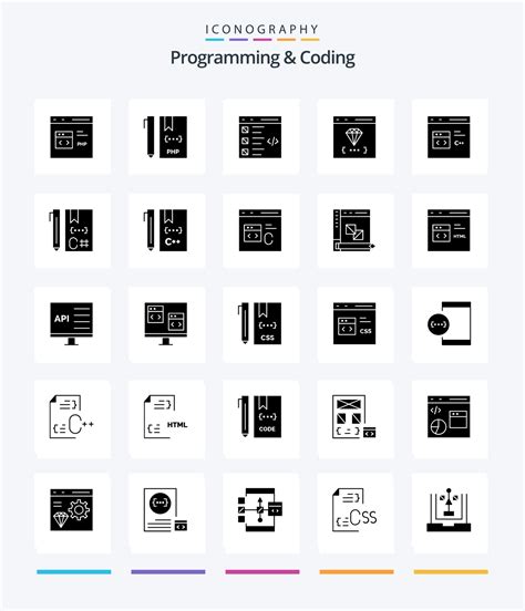 Creative Programming And Coding 25 Glyph Solid Black Icon Pack Such As Coding App File List
