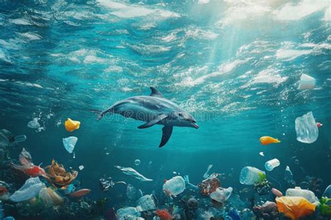 Dolphin And Plastic Bags In Ocean Worldwide Ocean Pollution Stock