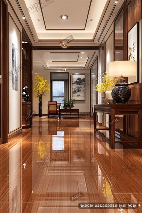 Ai创作图中式 走廊 室内 装修 地板 挂画 家具 灯具 摆件 花瓶 绿植 吊顶 门窗 装饰 风格 昵图网