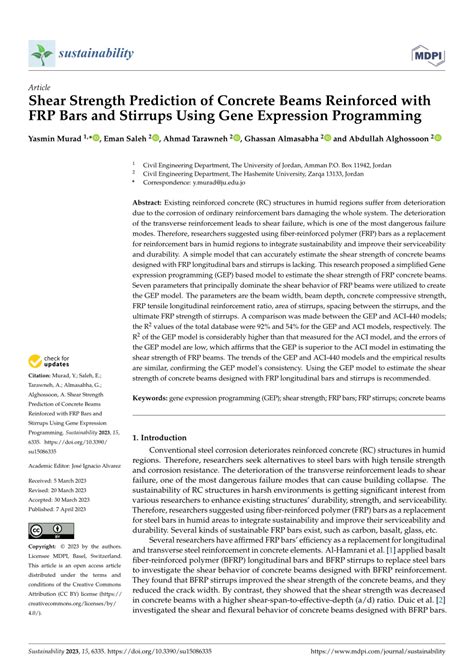Pdf Shear Strength Prediction Of Concrete Beams Reinforced With Frp Bars And Stirrups Using