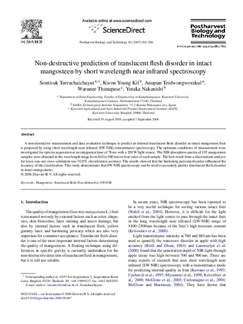 Pdf Non Destructive Prediction Of Translucent Flesh Disorder In Intact Mangosteen By Short
