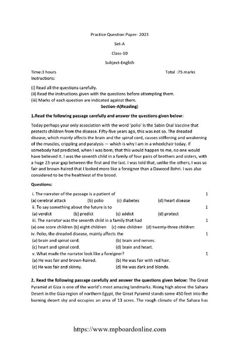 Mp Board Class 10 Model Paper English Set A 2023 Pdf Mpbooksolution In