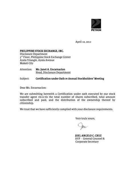 Certification Under Oath Re 2012 Asm