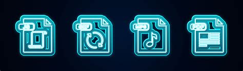 라인 Js 파일 문서  Mp3 및 Pdf를 설정합니다 빛나는 네온 아이콘입니다 벡터 녹음 장비에 대한 스톡 벡터 아트 및 기타 이미지 Istock