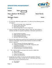 Operations Management Exam July 2020 Docx OPERATIONS MANAGEMENT EXAM Name Date Time Allotted