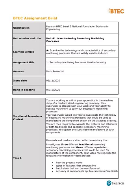 Summary Unit 41 Manufacturing Secondary Machining Processes Assignment 1 Distinction Grade