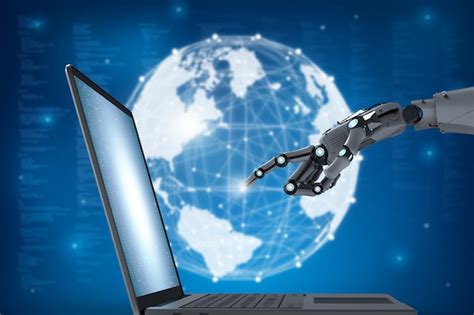 랩톱 컴퓨터에서 작업하는 3d 렌더링 휴머노이드 로봇을 사용한 세계화 기술 개념 프리미엄 사진