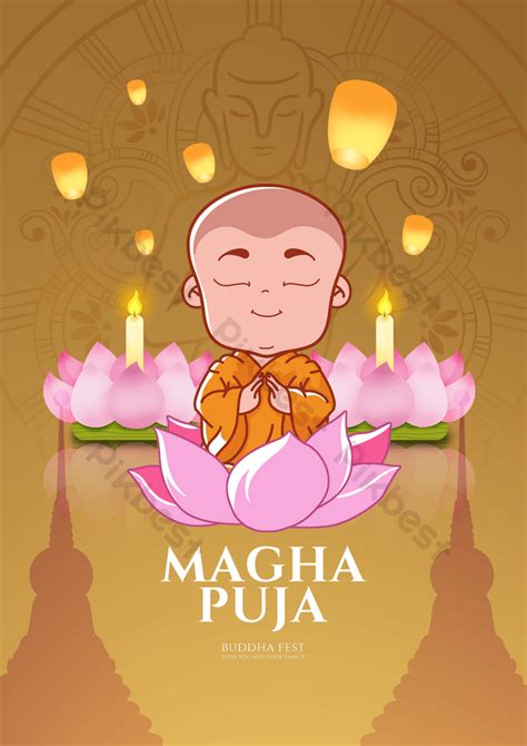 ภาพการ์ตูน พระพุทธเจ้า เทียนดอกบัว ประเพณีไทย เทศกาลมาฆบูชา โปสเตอร์ เทมเพลต แบบ Psd ดาวน์โหลด