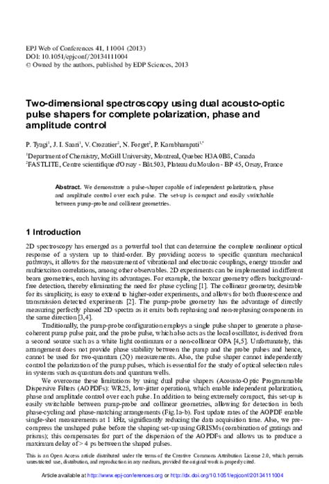 Pdf Two Dimensional Spectroscopy Using Dual Acousto Optic Pulse Shapers For Complete