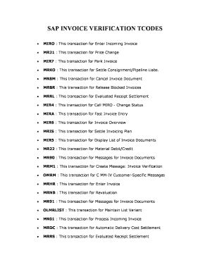 Fillable Online SAP INVOICE VERIFICATION TCODES Fax Email Print PdfFiller