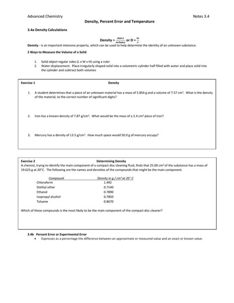Density Percent Error Temperature Chemistry Notes