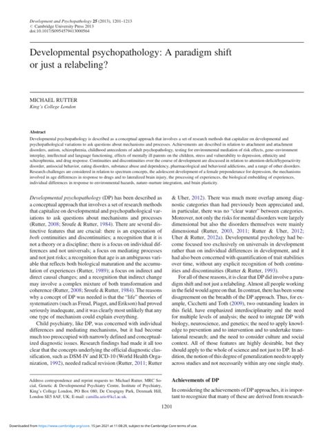 Developmental Psychopathology A Paradigm Shift Or Just A Relabeling Pdf Mental Disorder