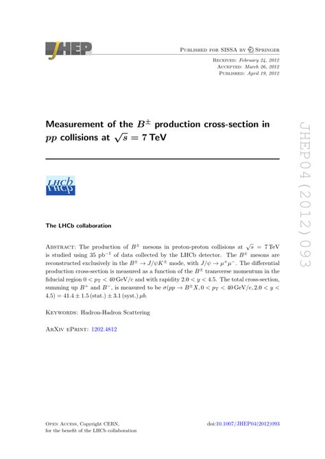 Pdf Measurement Of The B ± Production Cross Section In Pp Collisions At √s 7 Tev