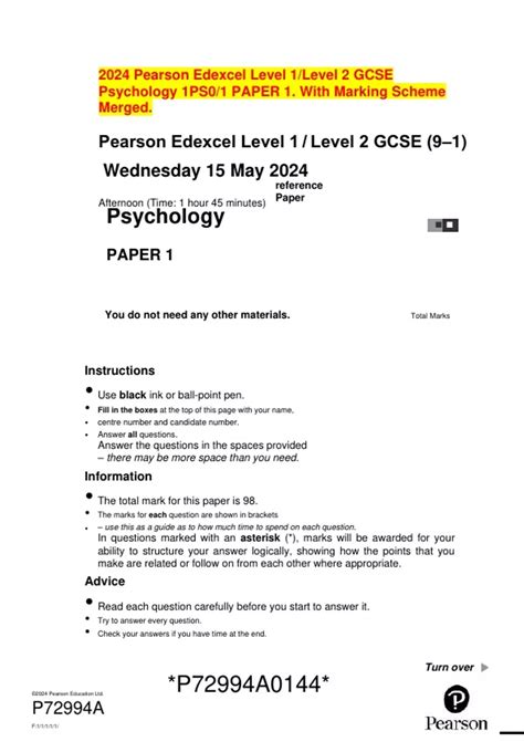 2024 Pearson Edexcel Level 1 Level 2 Gcse Psychology 1ps0 1 Paper 1 With Marking Scheme Merged