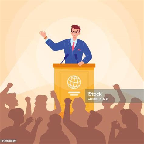 정치인 연사 청중 투표권에 앉은 연단에 대통령 정부 회의 트리뷴에서 대중 연설 자신감있는 연설가 멋진 벡터 일러스트 레이 션
