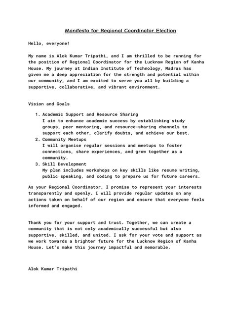 Manifesto For Regional Coordinator Election Pdf