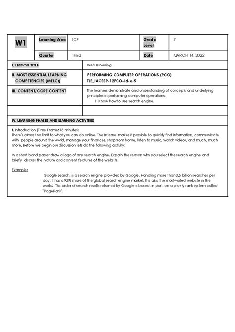 Internet Computing Fundamentals 7 W Learning Area Icf Grade Level 7 Quarter Third Date March