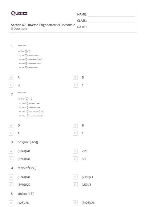 50 Inverse Trigonometric Functions Worksheets For 11th Grade On Quizizz Free And Printable