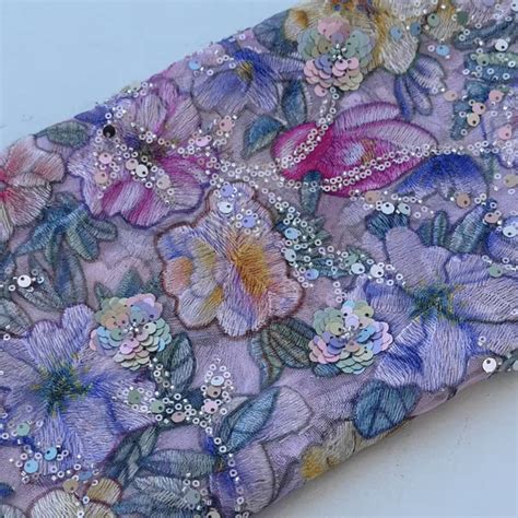 Purple Floral Print Sequin Embroidered Soft Tulle Lace Fabric