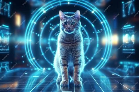 Premium Photo Portrait Of A Cat On A Futuristic Background 3d Rendering