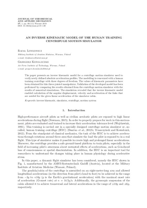 Pdf An Inverse Kinematic Model Of The Human Training Centrifuge