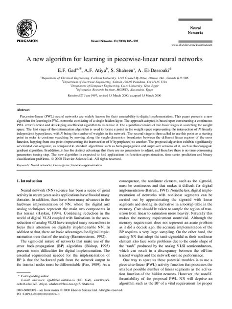 pdf a new algorithm for learning in piecewise linear neural networks ayman el dessouki