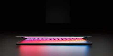 3d 렌더링 그림입니다 화려한 화면과 키보드 닫기 뚜껑 장소와 노트북 컴퓨터는 암실 및 조명 효과 프레젠테이션을 위한 이미지입니다 Led 조명에 대한 스톡 사진 및 기타