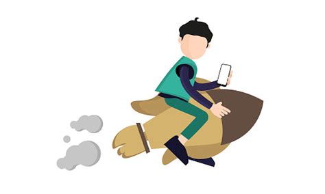 사업가는 스마트 폰을 사용하여 아이디어 로켓을 발사합니다 만화 캐릭터 비즈니스 컨셉으로 로켓을 타고 비행하는 사업가 Brand Name Smart Phone에 대한 스톡