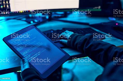 Tablet Html Screen And Programmer Hands With Coding Software System For Cyber Security Or