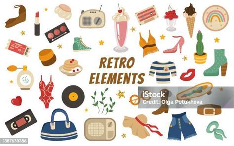 6070 년대의 요소의 복고풍 세트 칵테일 티셔츠 운동화 티켓 기록 무지개 모자 향수 벨트 네커치크 팔찌 골드 스타 카세트 테마 아이템의 벡터 빈티지 컬렉션 레코드 아날로그