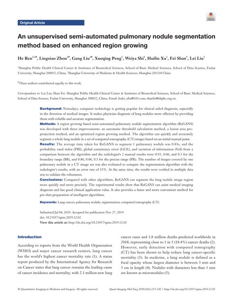 Pdf An Unsupervised Semi Automated Pulmonary Nodule Segmentation Method Based On Enhanced