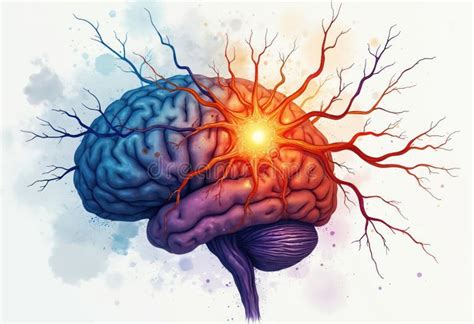 Watercolor Illustration Of Human Brain With Neuron Connections Neural Network Nervous System