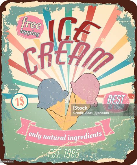 빈티지 초라한 약간 녹슨 광고 배너 신선한 천연 맛있는 아이스크림벡터 일러스트 레이 션 고풍스런에 대한 스톡 벡터 아트 및 기타 이미지 고풍스런 맛이 가미된 빙과