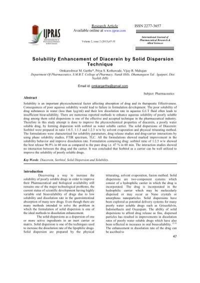 Solubility Enhancement Of Diacerein By Solid Dispersion Technique