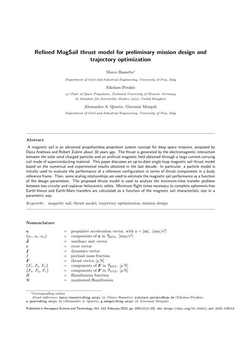 Pdf Refined Magsail Thrust Model For Preliminary Mission Design And Trajectory Optimization