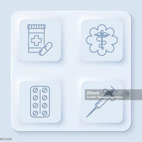 세트 라인 약병과 알약 비상사태 별 의료 기호 카두세우스 뱀 막대기 물집 팩과 주사기에 알약 흰색 사각형 버튼입니다 벡터 건강 진단에 대한 스톡 벡터 아트 및 기타 이미지