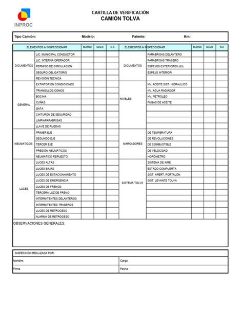 Check List Camión Tolva Inproc Pdf Neumático Camión