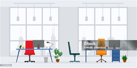 현대 빈 사무실 작업 장소 전면 뷰 벡터 일러스트의 디자인 평면 스타일 테이블 책상 의자 컴퓨터 데스크탑 식물 고층 빌딩 배경에