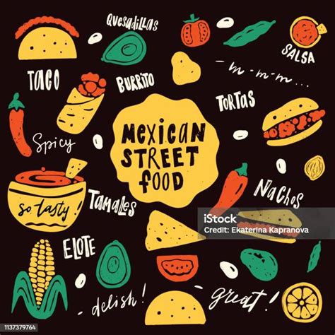 멕시코 길거리 음식입니다 음식 요소와 요리의 이름 재미 손으로 그린 그림 거리에 대한 스톡 벡터 아트 및 기타 이미지 거리 옥수수 속대 멕시코 Istock