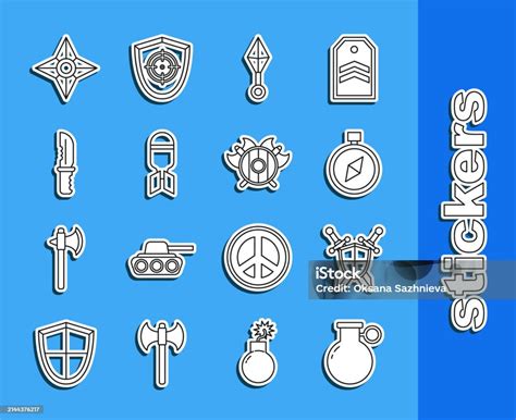 세트 라인 수류탄 교차된 검이 있는 중세 방패 나침반 일본 닌자 수리검 항공 폭탄 군용 칼 및 도끼 아이콘 벡터 강철에 대한