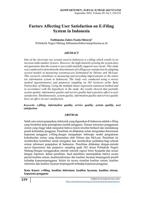Pdf Factors Affecting User Satisfaction On E Filing System In Indonesia