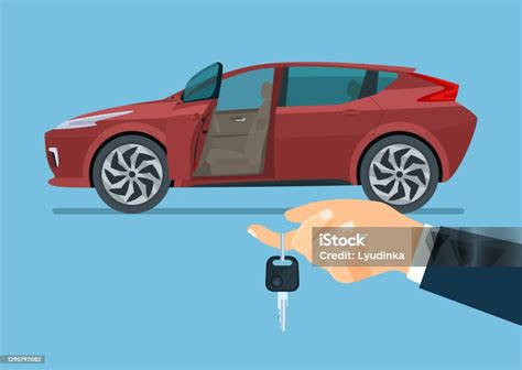 구매 또는 임대 중에 운전자의 문이 열리는 현대 자동차 손은 자동차 키를 잡고 있습니다 벡터 플랫 일러스트레이션 주기에 대한 스톡 벡터 아트 및 기타 이미지 Istock