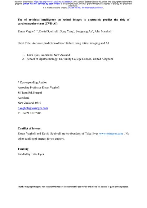 Pdf Use Of Artificial Intelligence On Retinal Images To Accurately Predict The Risk Of