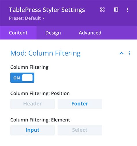 Mod Column Filtering Content Tab Tablepress Styler Docs Divi Modules