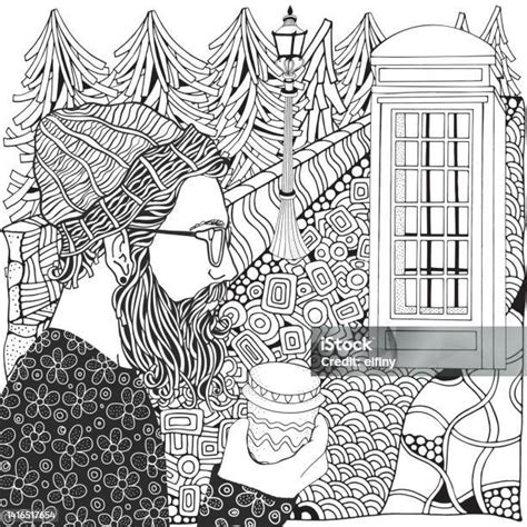 색칠 공부 전화 부스 문 영어 빨간색 전화 상자 성인 색칠 공부 책 페이지 전나무 흑백 등불은 밤에 빛납니다 성인을위한 색칠