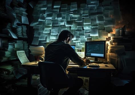 Premium Ai Image A Wideangle Shot Of A Cryptographer Sitting In A Dimly Lit Room Surrounded By