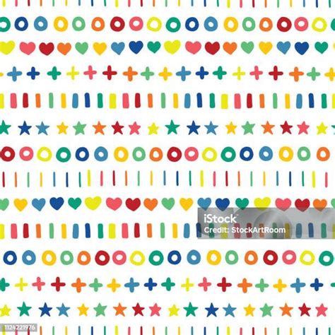 손으로 그린 별 하트 원형 십자가 고 행에 무지개 색깔에 줄무늬 흰색 바탕에 손으로 그린 도형 줄지어 배경 디지털 종이 벽지 포장지 포장 더하기 키에 대한 스톡 벡터 아트